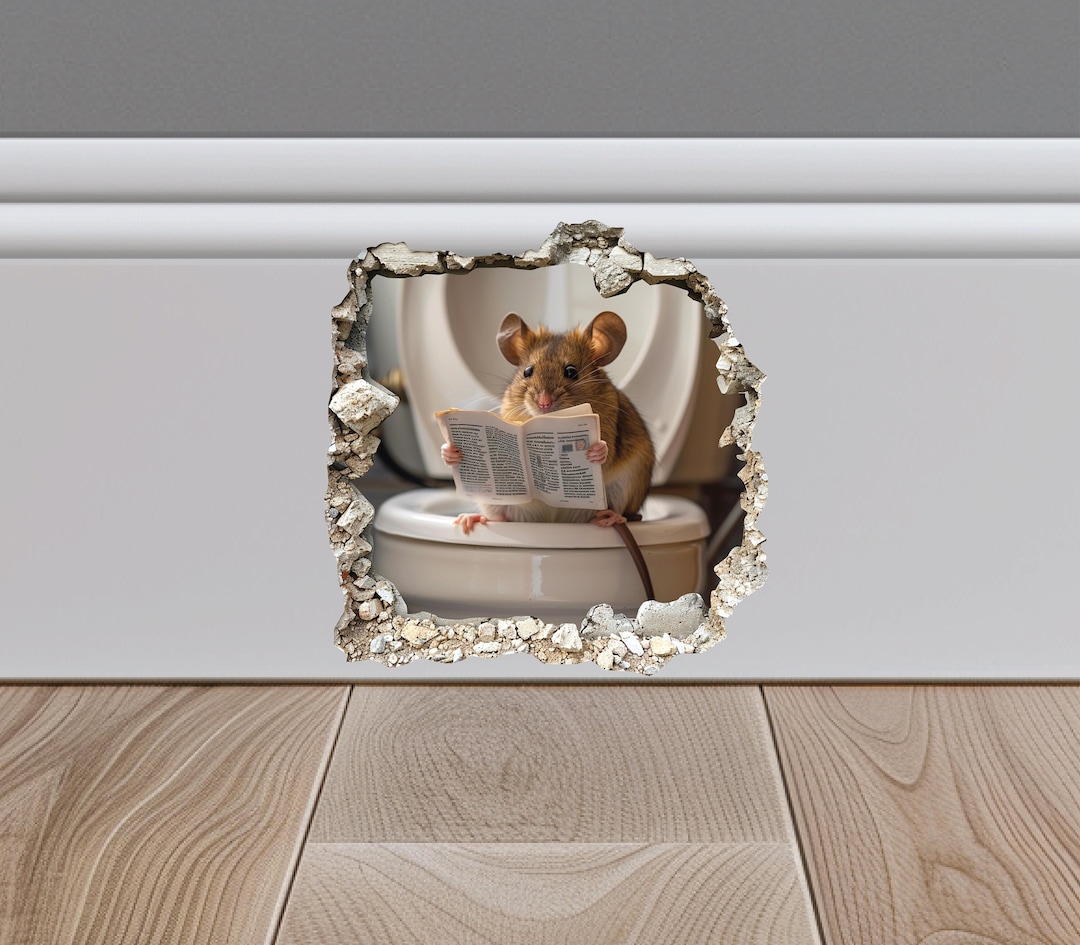 Mouse Sitting on Toilet in Mouse Hole Decal, Mouse Reading in Mouse ...