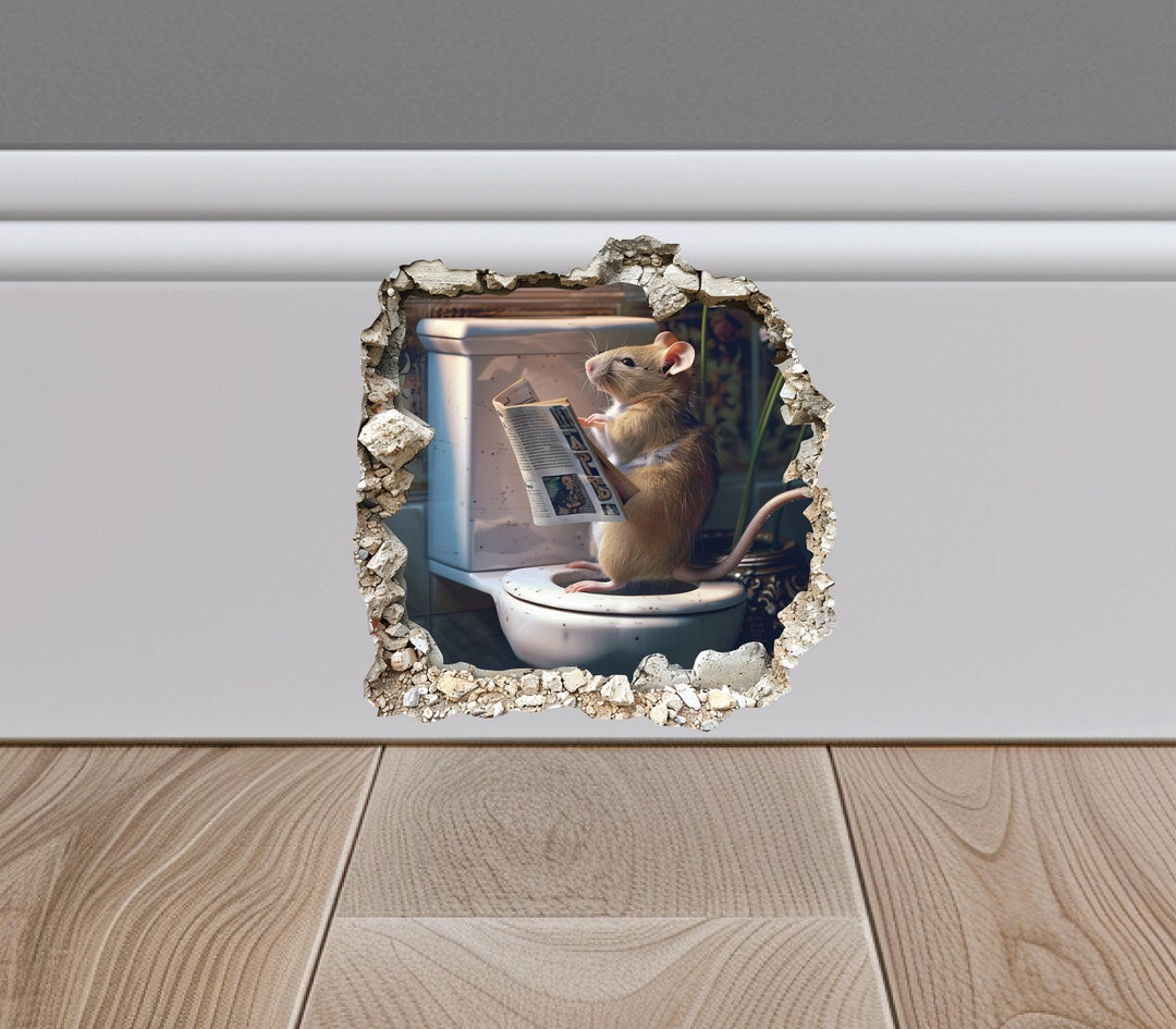 Mouse Sitting on Toilet in Mouse Hole Decal, Mouse Reading in Mouse ...