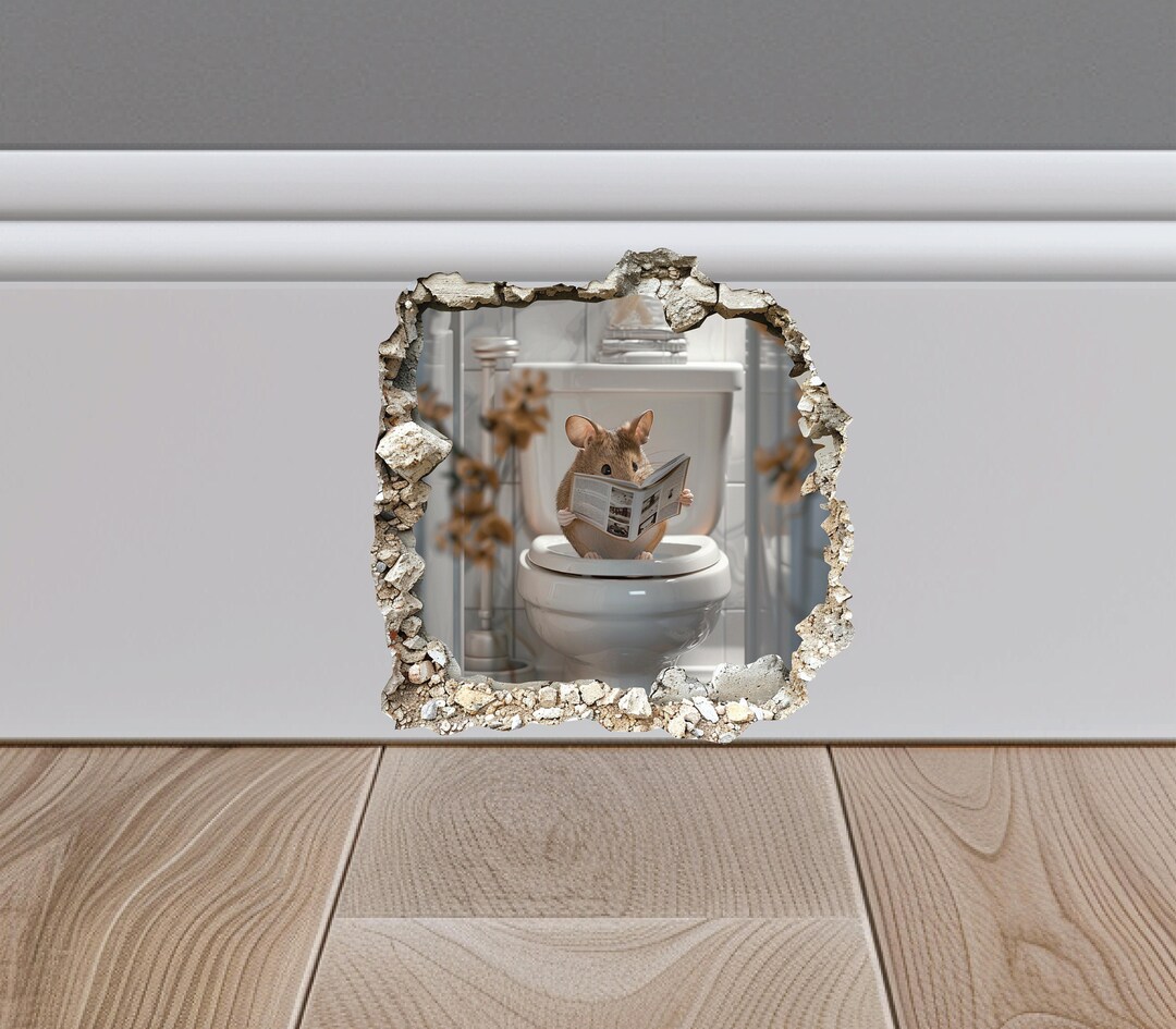 Mouse Sitting on Toilet in Mouse Hole Decal, Mouse Reading in Mouse ...