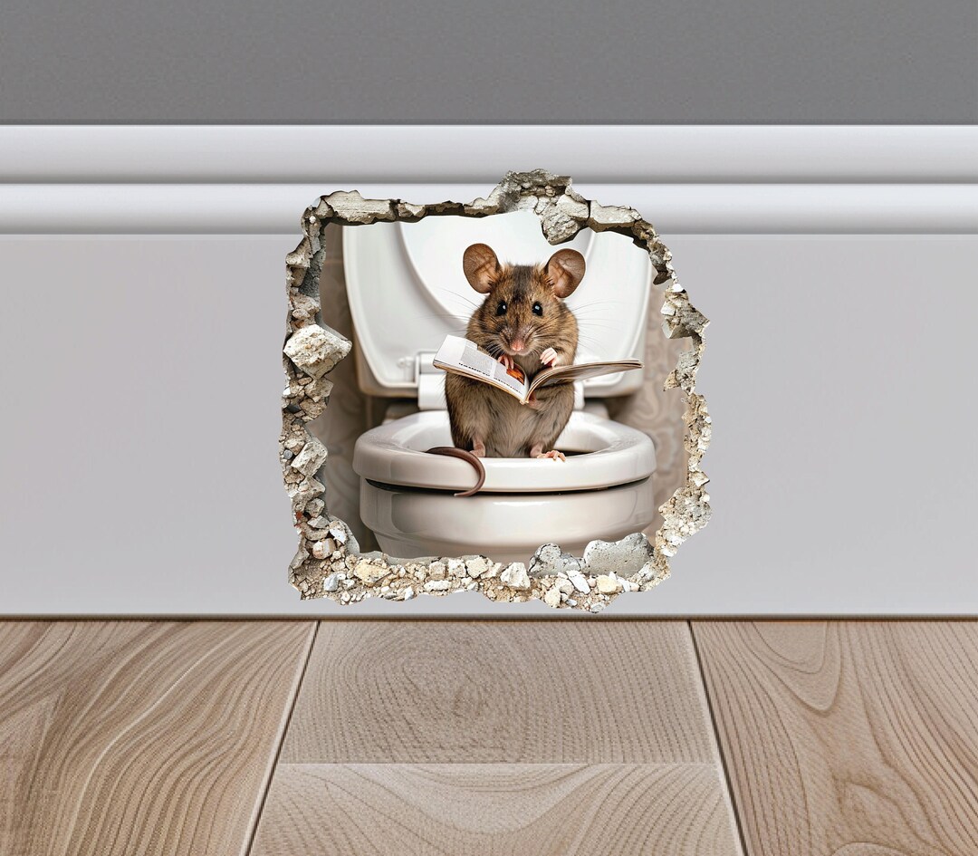 Mouse Sitting on Toilet in Mouse Hole Decal, Mouse Reading in Mouse ...