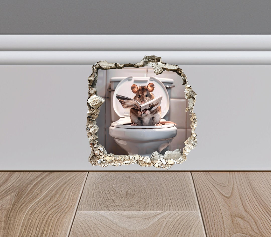 Mouse Sitting on Toilet in Mouse Hole Decal, Mouse Reading in Mouse ...
