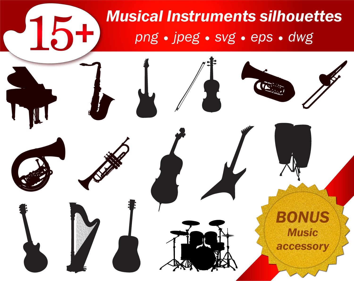 Musical Instrument SVG Silhouette Stencil Cameo Cricut Cutting Vector ...