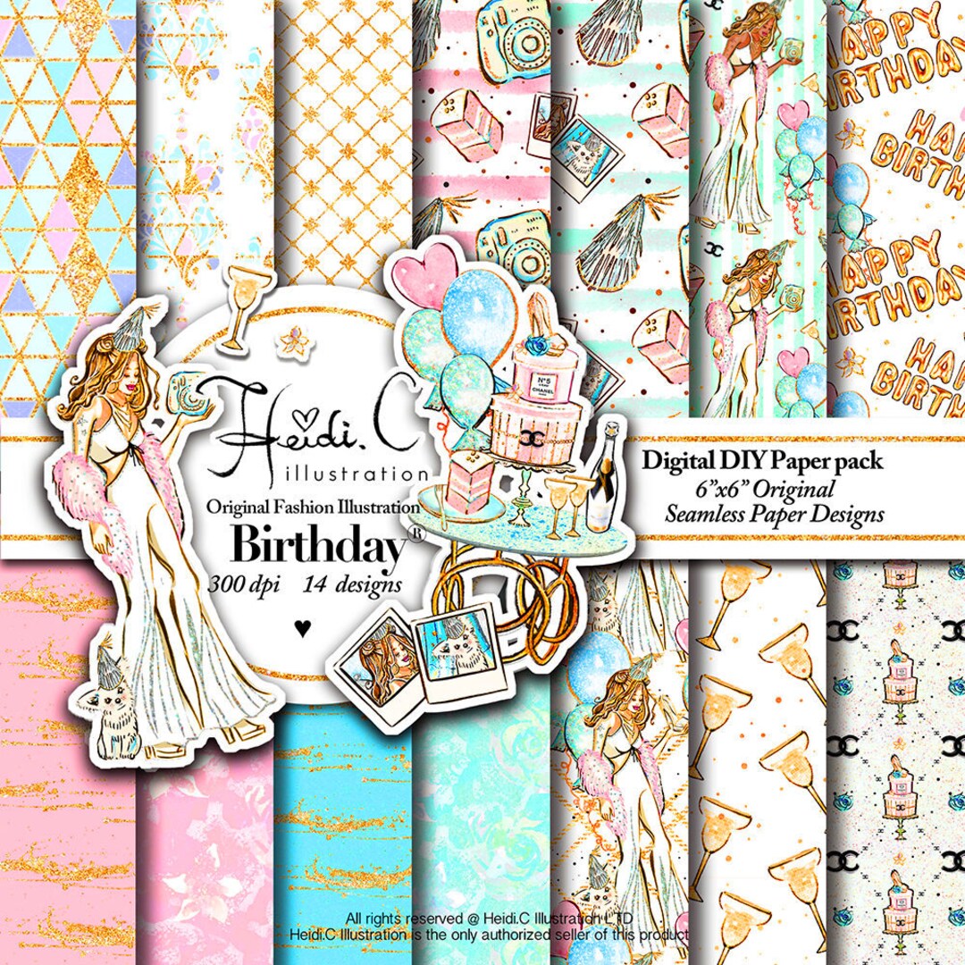Birthday Party Digital Paper Happy Birthday Hand Painted Birthday Girl ...