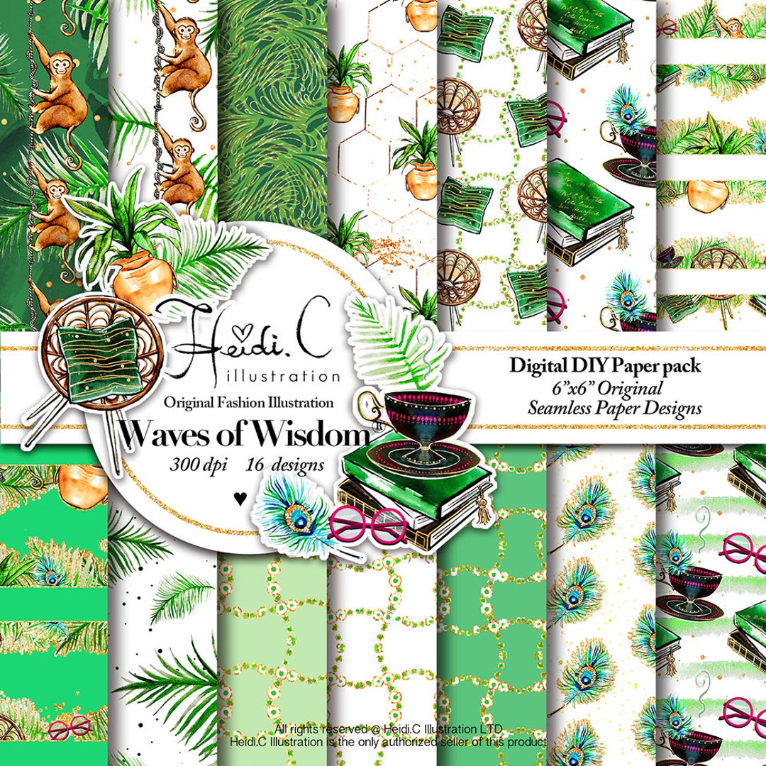 Watercolor Tropical Jungle Digital Paper Pack Clip Art Monkey Botanical ...