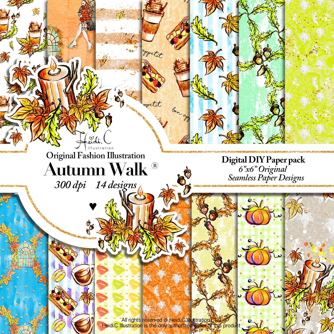Fall Autumn Digital Paper Fashion Illustration Leaves Leaf Acorn ...