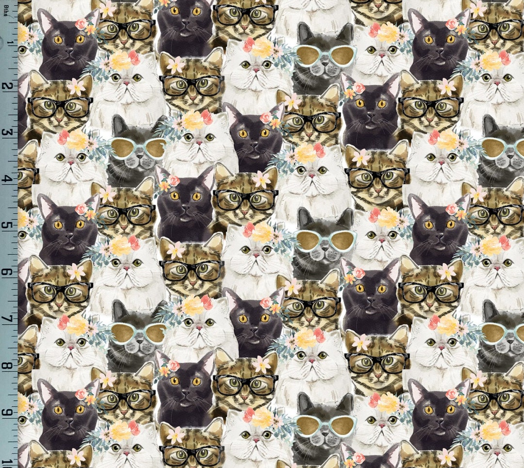 Packed Cat Glasses Cotton Fabric 3 Wishes Tabby Persian Siamese Void ...
