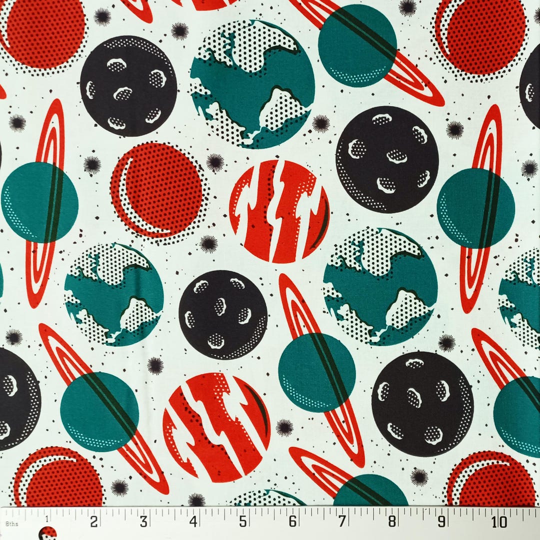 Blast off Atomic Planets Cosmic Cloud9 Organic Cotton Fabric White Red Teal - Etsy