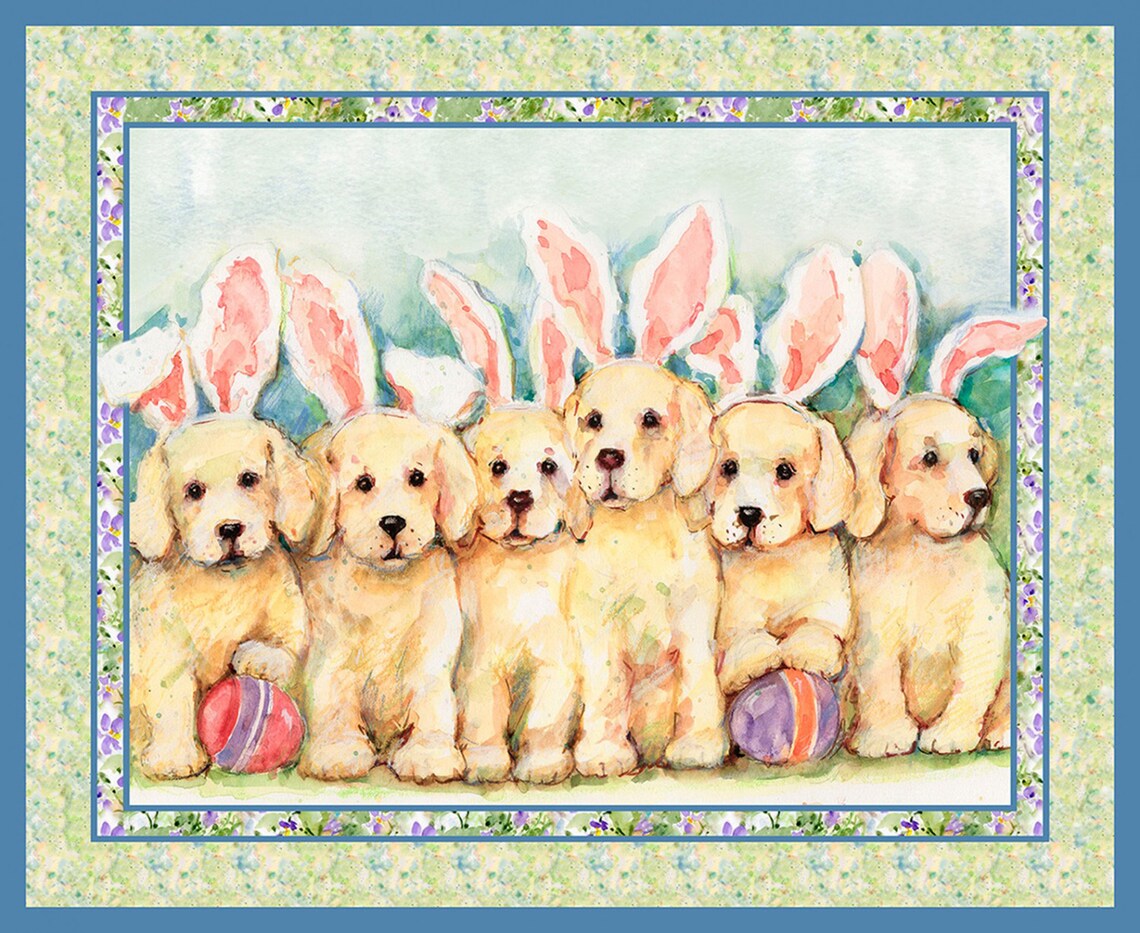 Easter Dog Puppy Bunnies Cotton Fabric Panel Susan Winget Springs 36" X ...