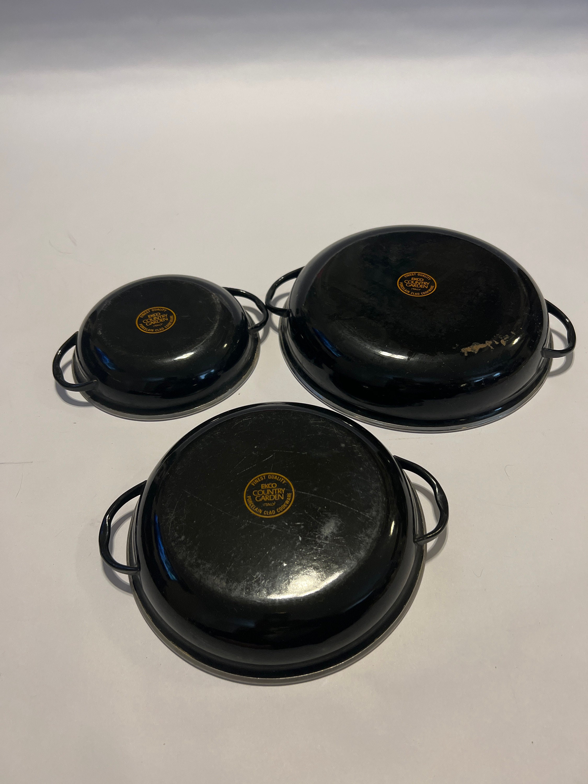 Vintage Ekco Country Garden Set 3 Pans Yellow Orange Flowers Porcelain ...