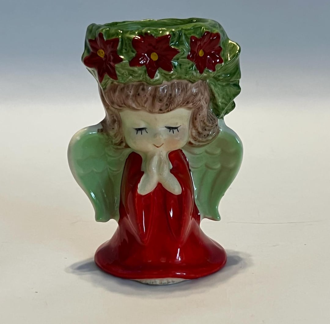 Vintage Lefton Christmas Angel 4” Candle Holder Green Red Poinsettia ...