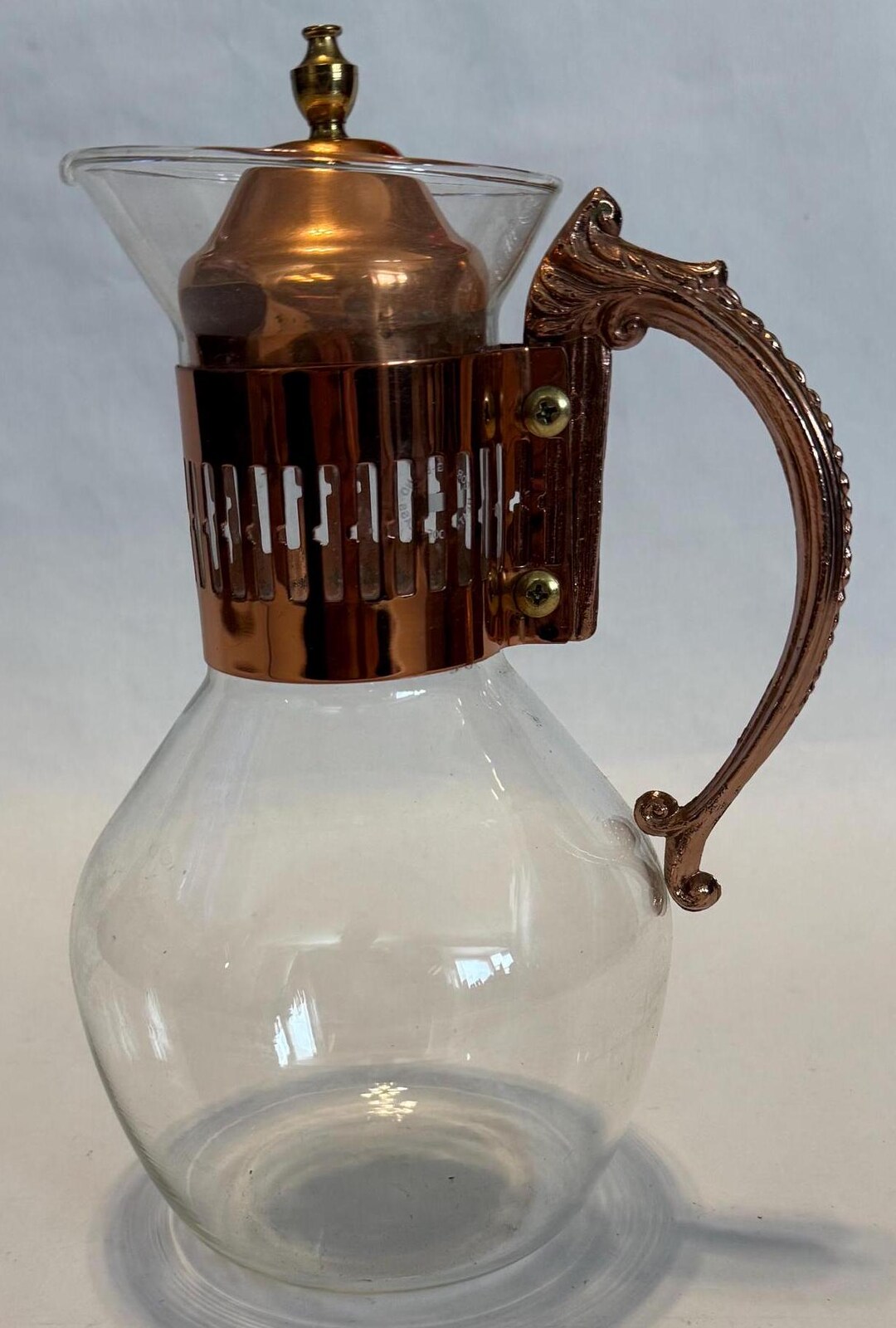 Vintage Corning Brand Heat Proof Clear Glass Carafe Copper Lid Copper ...