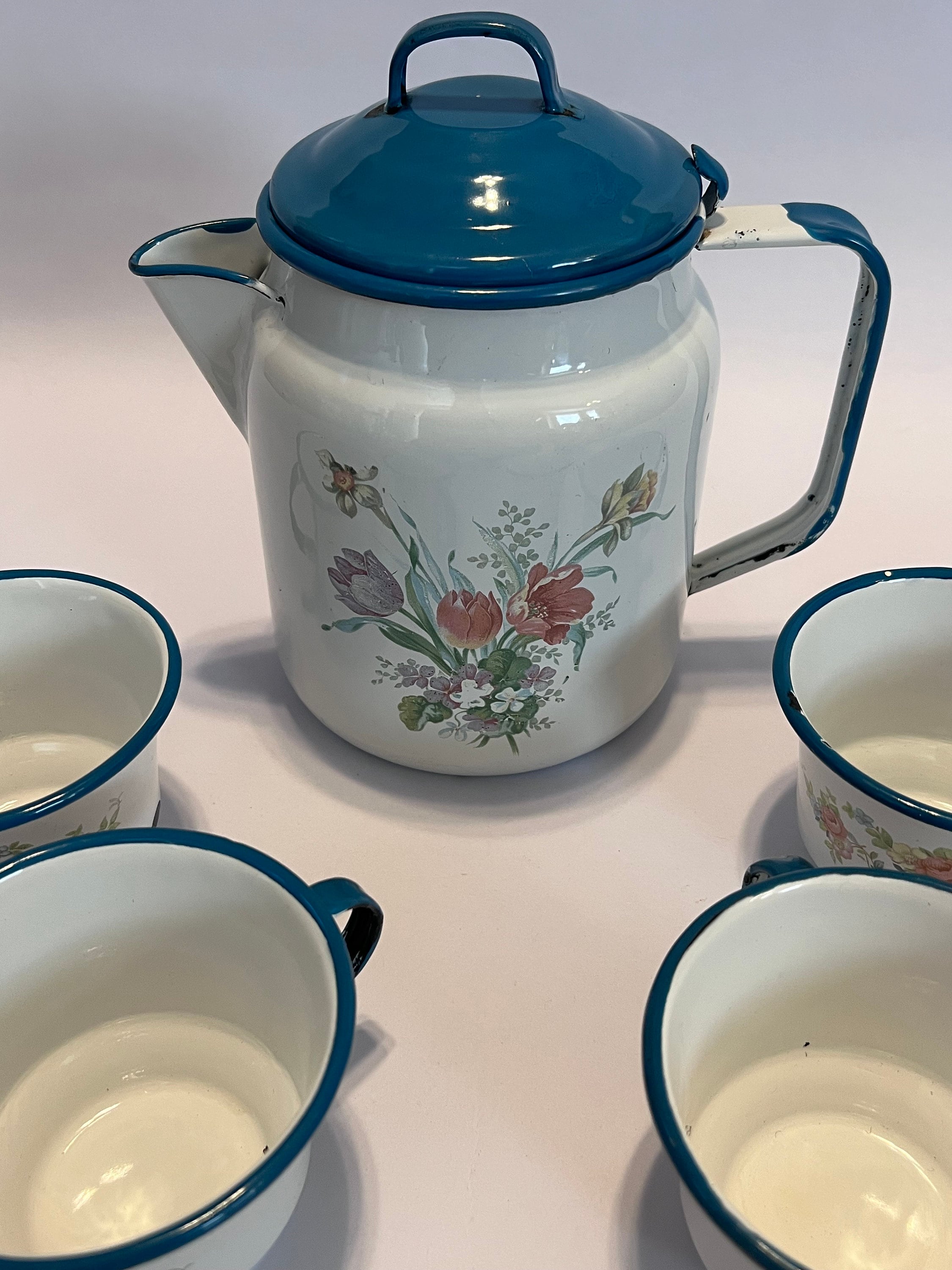 Vintage Cinsa Bastille Mexico Enamel Teapot 4 Enamel Cups Floral Design ...