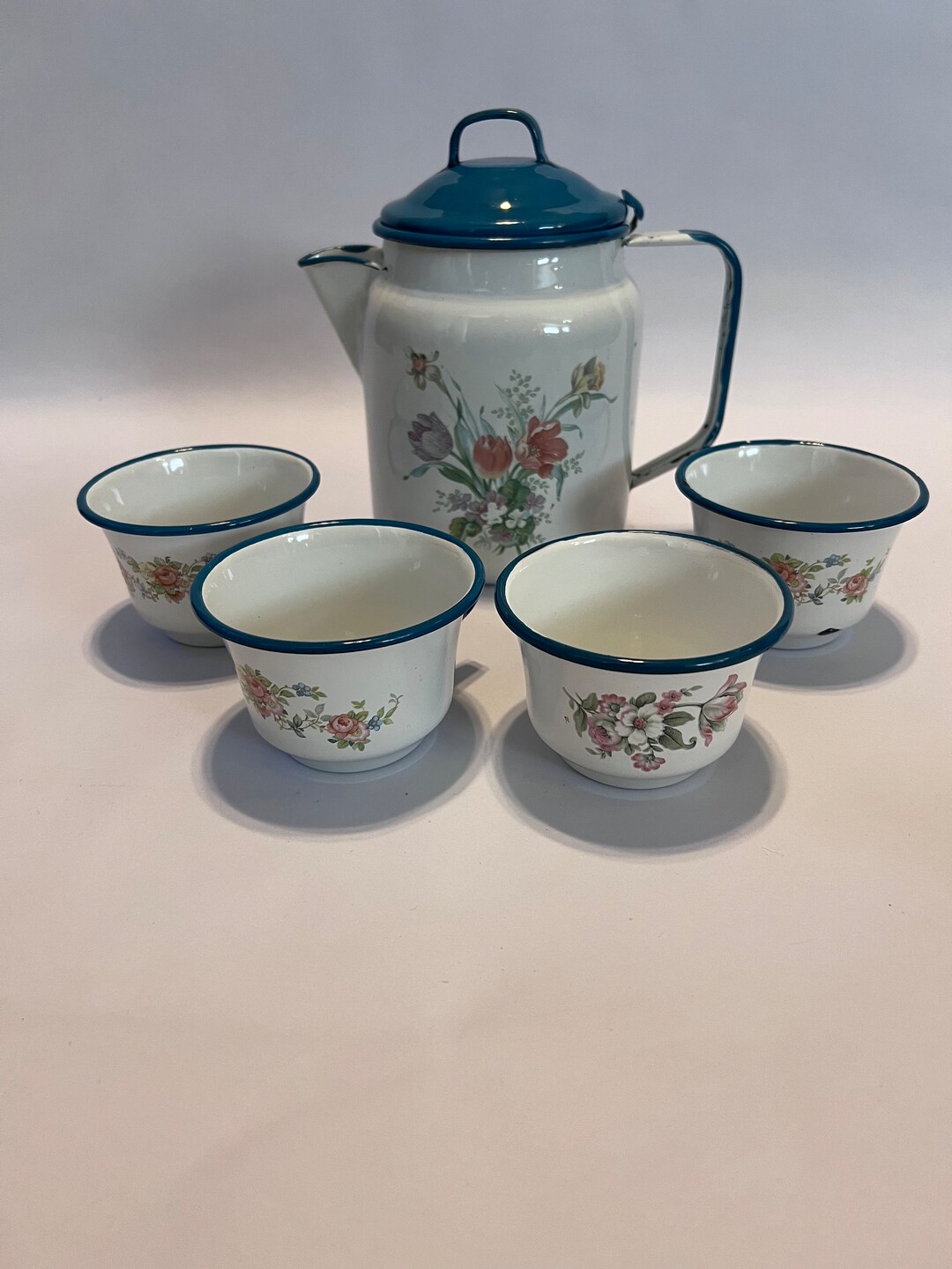 Vintage Cinsa Bastille Mexico Enamel Teapot 4 Enamel Cups Floral Design ...