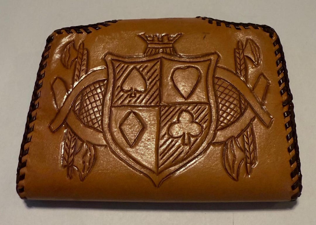 Vintage Hand Tooled Leather Playing Card Case Light Brown Carved Suits ...