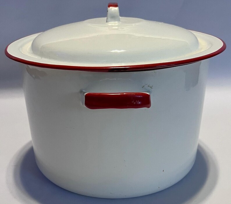 Vintage White and Red Enamel Stock Pot Farmhouse Kitchen - Etsy