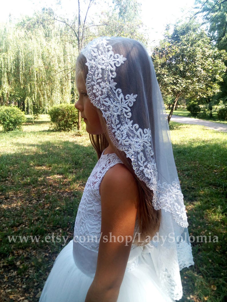 Beaded First Communion Veil, White First Holy Communion Mantilla ...