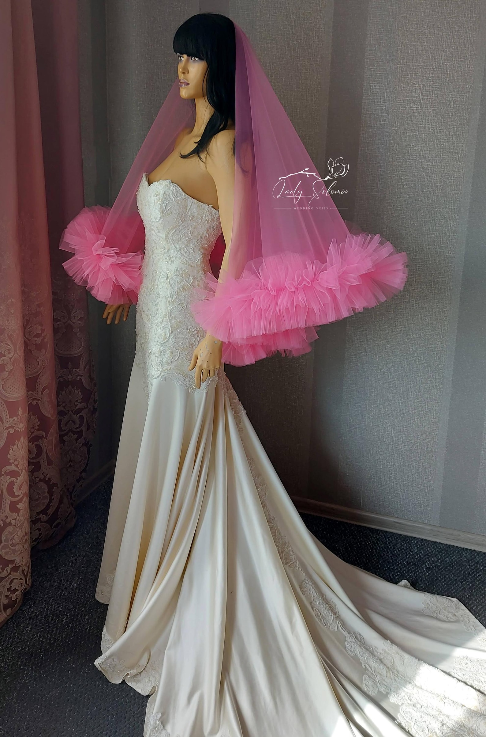 Hot Pink Ruffle Veil Frill Tulle Veil Ruffled Wedding Veil Blusher ...