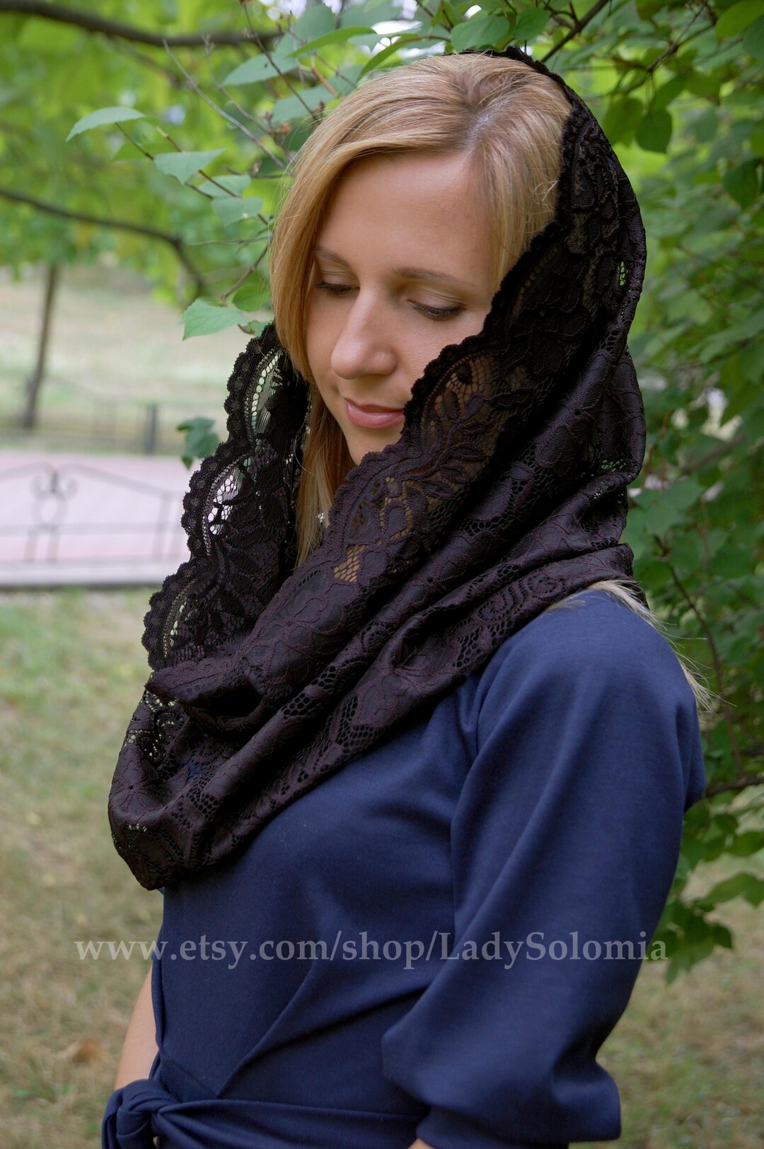 Black Traditional Catholic Infinity Mantilla Veil Black Lace Scarf Head ...