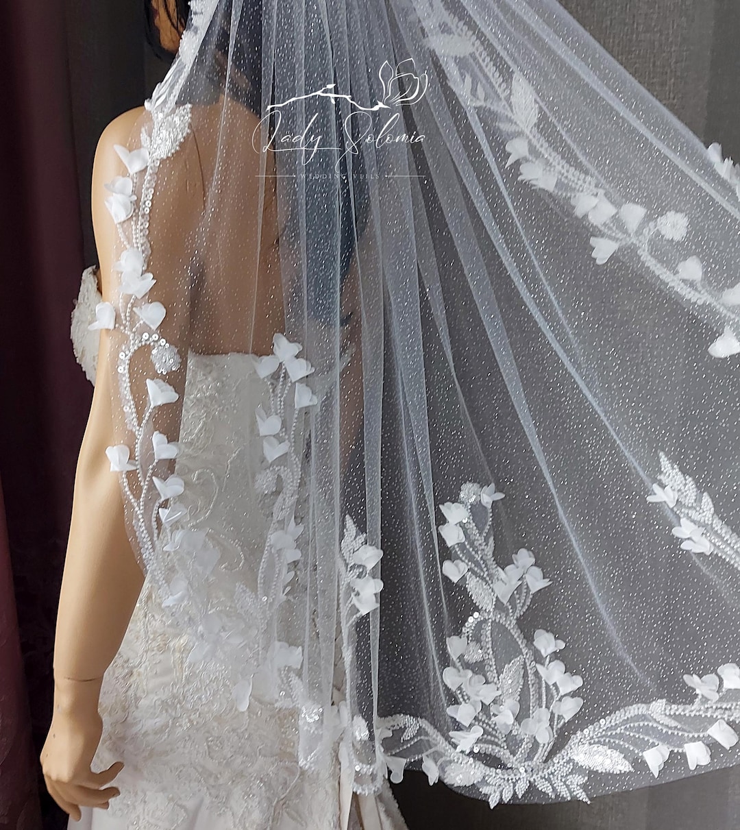 3D Flowers Glitter Veil Flowered Wedding Veil Leaves Bridal Veil Floral ...