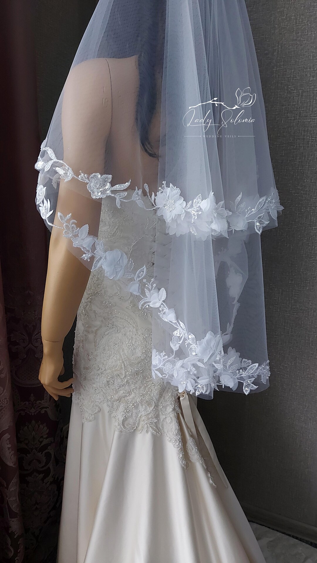 3D Flowers Veil Wedding Floral Edge Veil Leaves Bridal Veil Cathedral ...