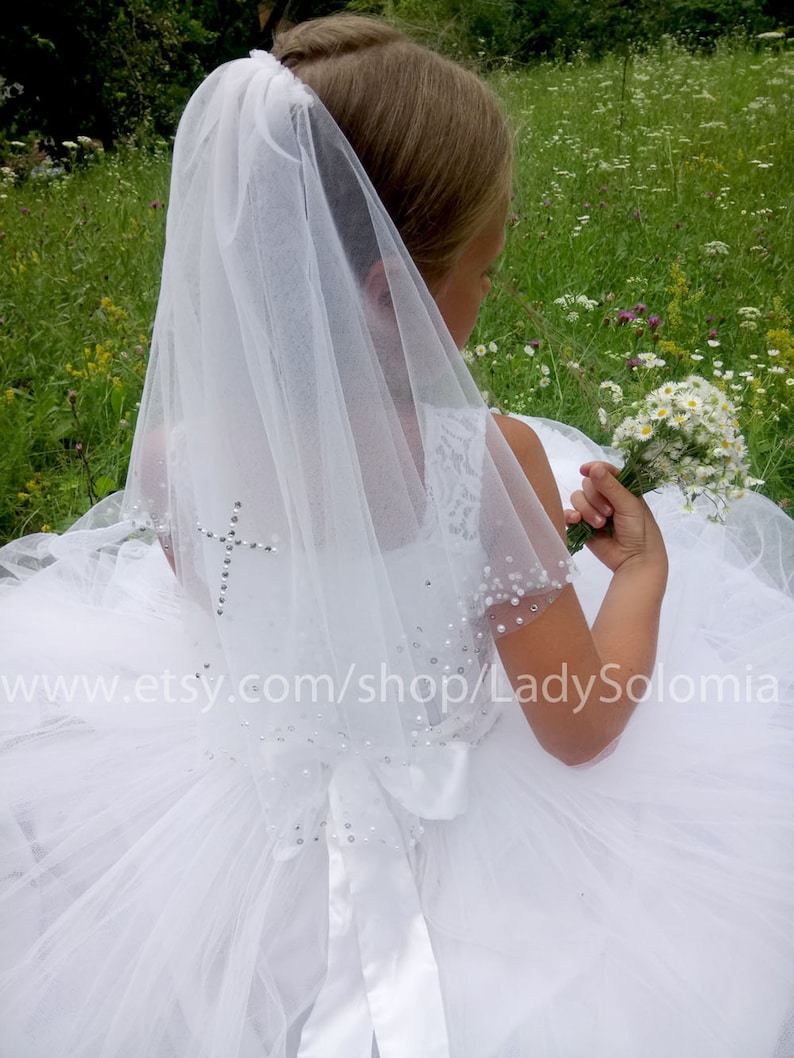 First Communion Veil Crystal Cross Veil Flower Girl Veil 2 | Etsy