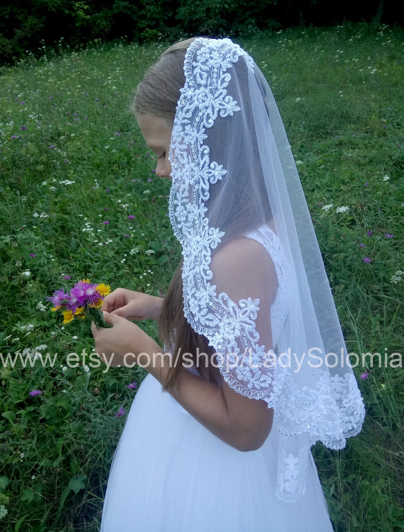Beaded First Communion Veil, White First Holy Communion Mantilla ...