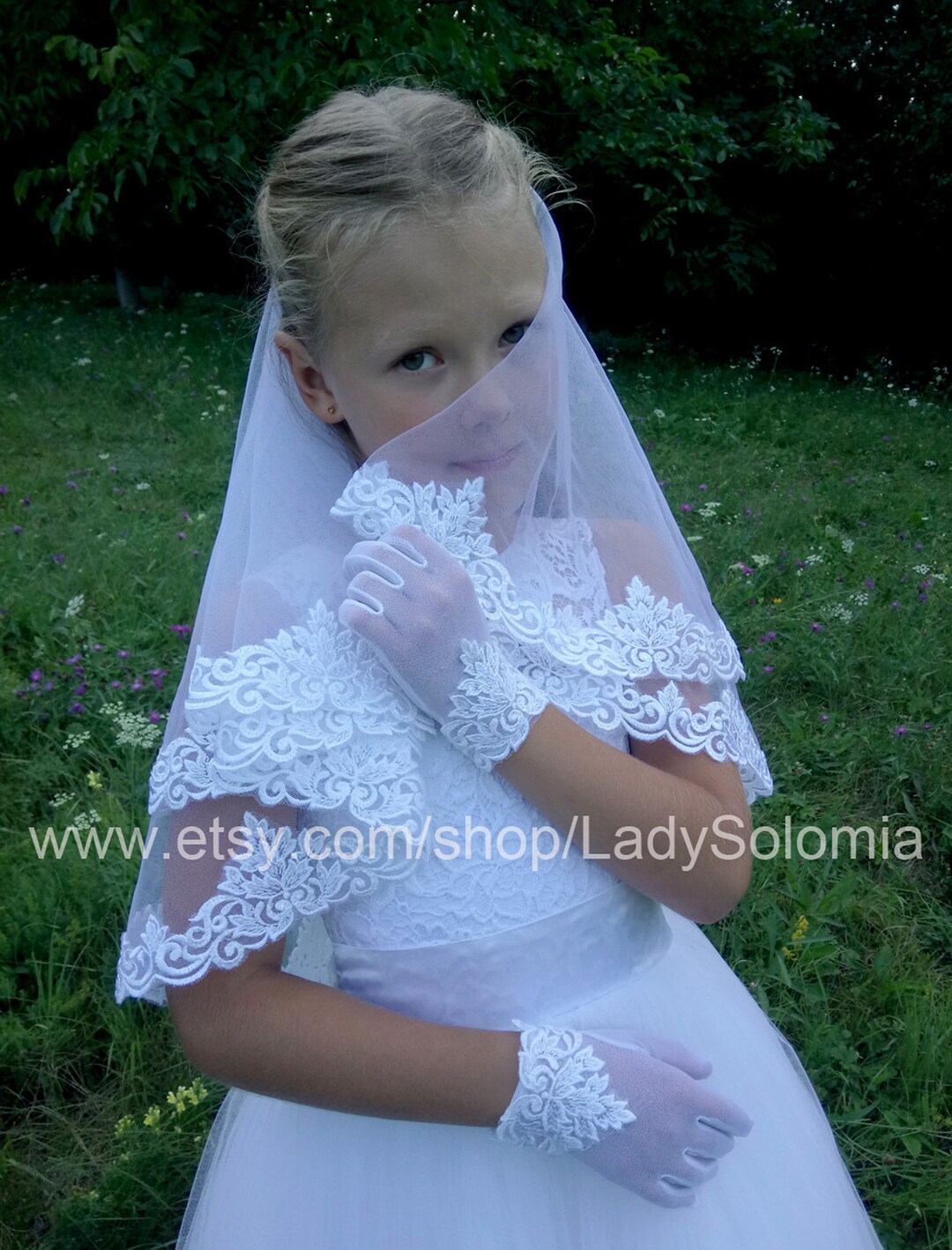 First Communion Veil + Gloves, Lace Flower Girl Veils, Holy Communion ...