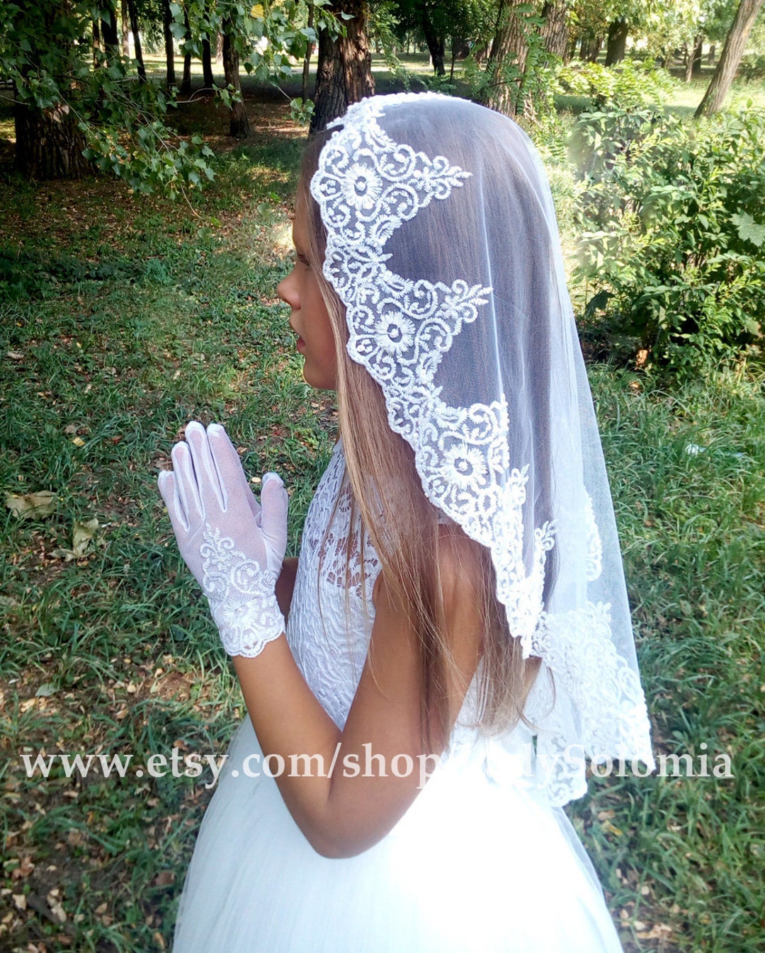 White First Communion Veil One Tier Communion Veil Holy Communion Lace ...