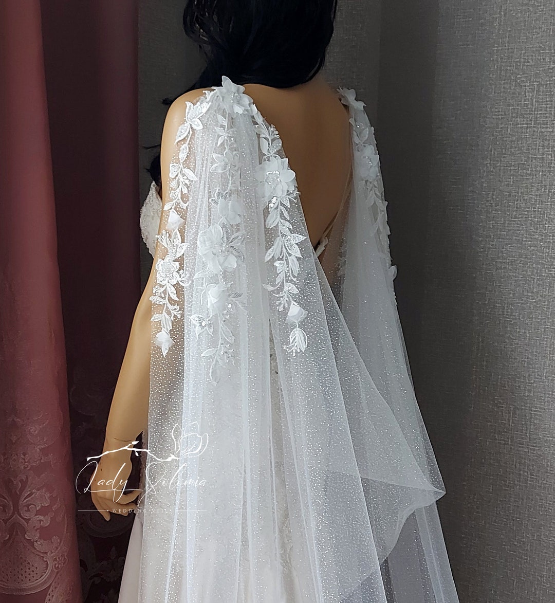 3D Flowers Glitter Cape Veil Cathedral Draped Cape Wedding Veil ...