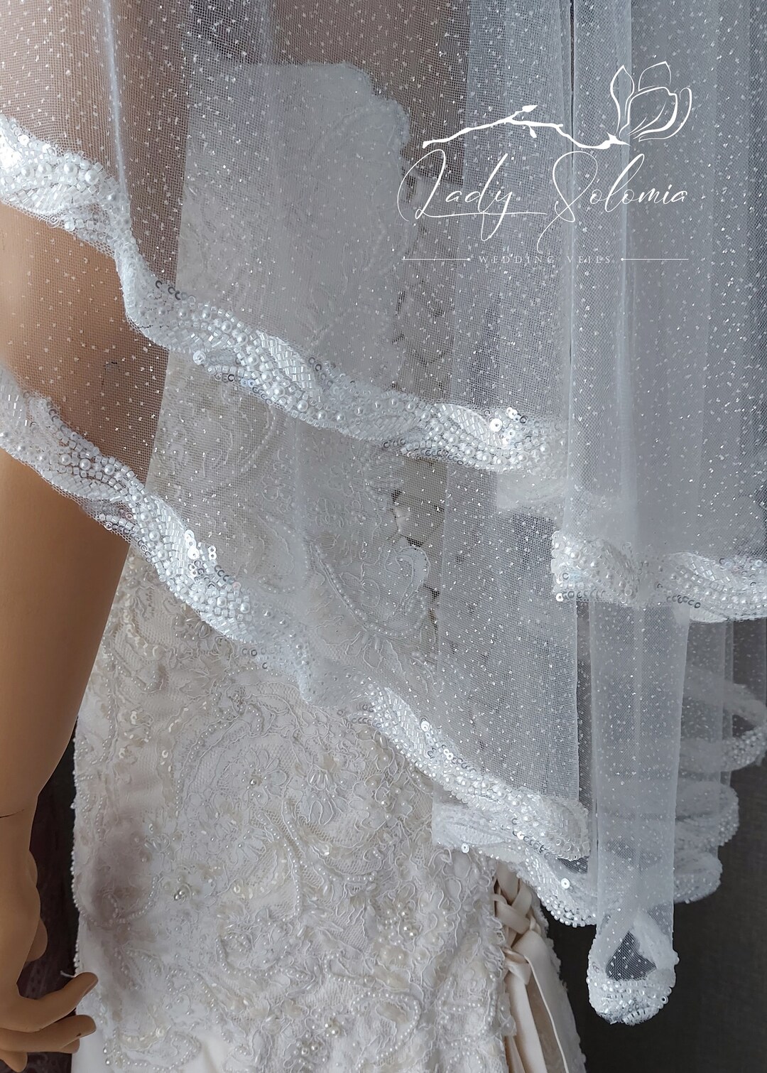 Pearls Wedding Veil, 2 Tier Sparkle Veil, Cathedral Glitter Beaded Veil ...