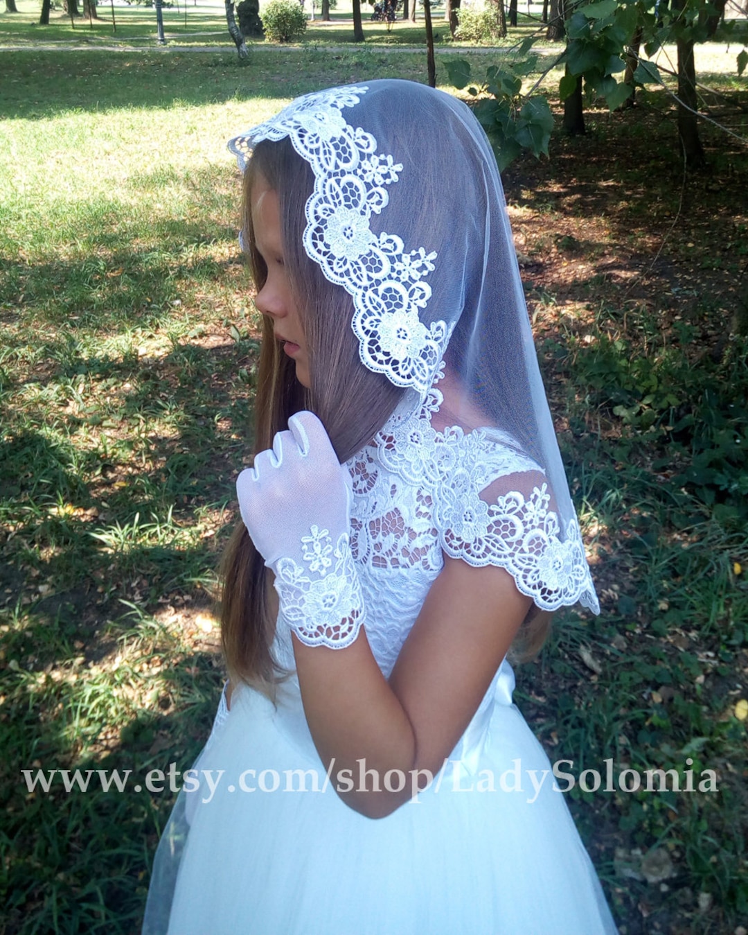 First Communion Veil + Gloves, Flower Girl Veil, Lace Communion Veil ...