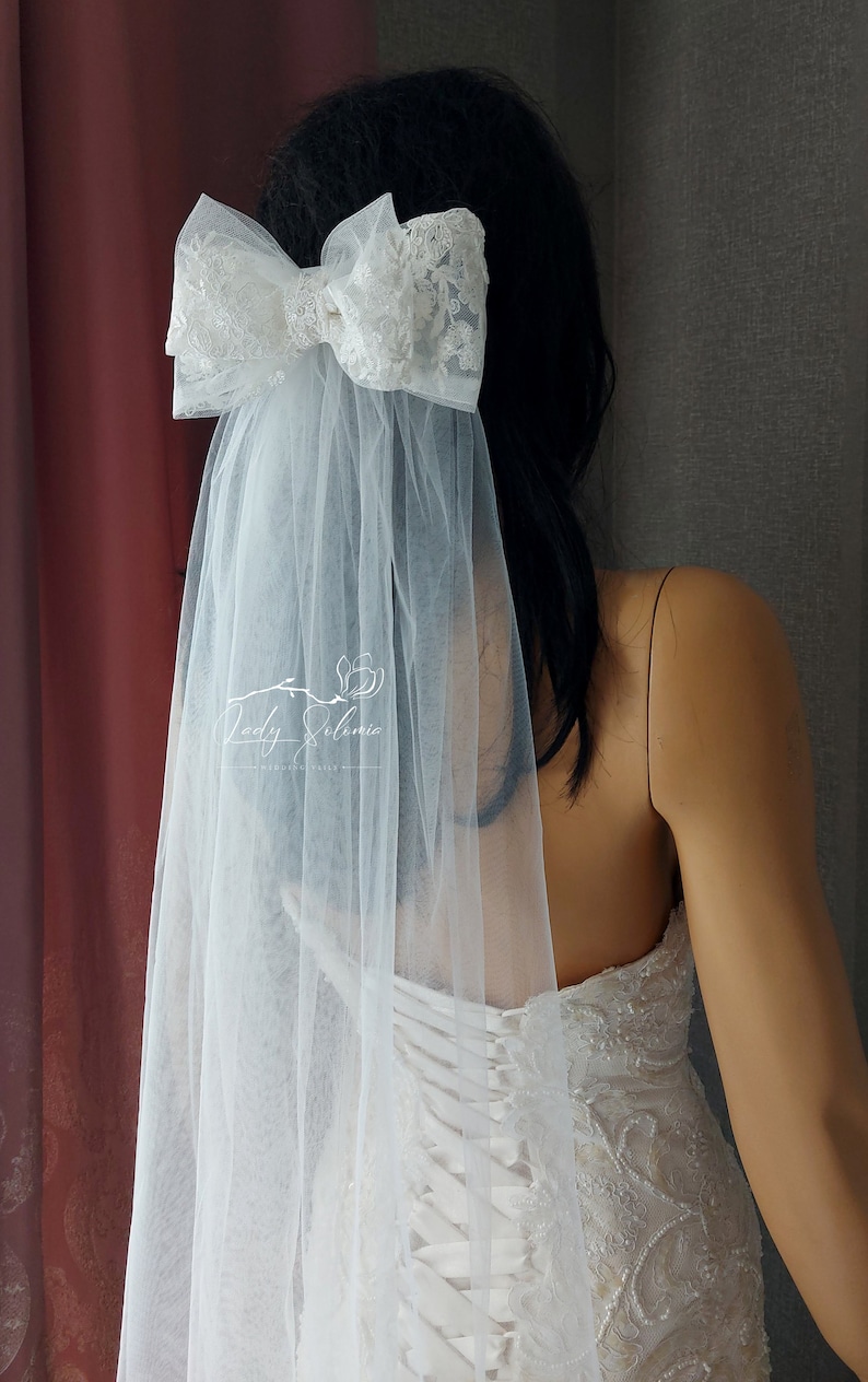 Wedding Hair Bow Lace Bridal Bow Veil Wedding Bow Bride Veil Bow Veil ...