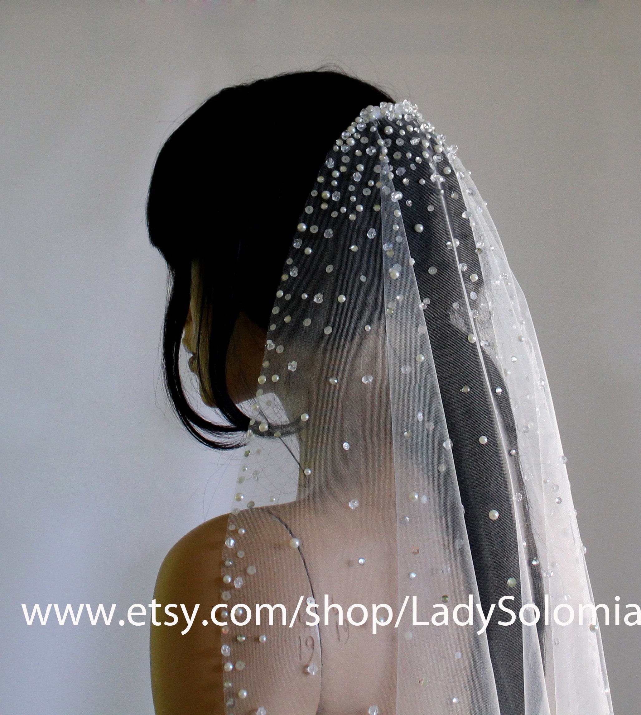 Pearls Bridal Veil Cathedral Wedding Veil with Pearl ivory | Etsy