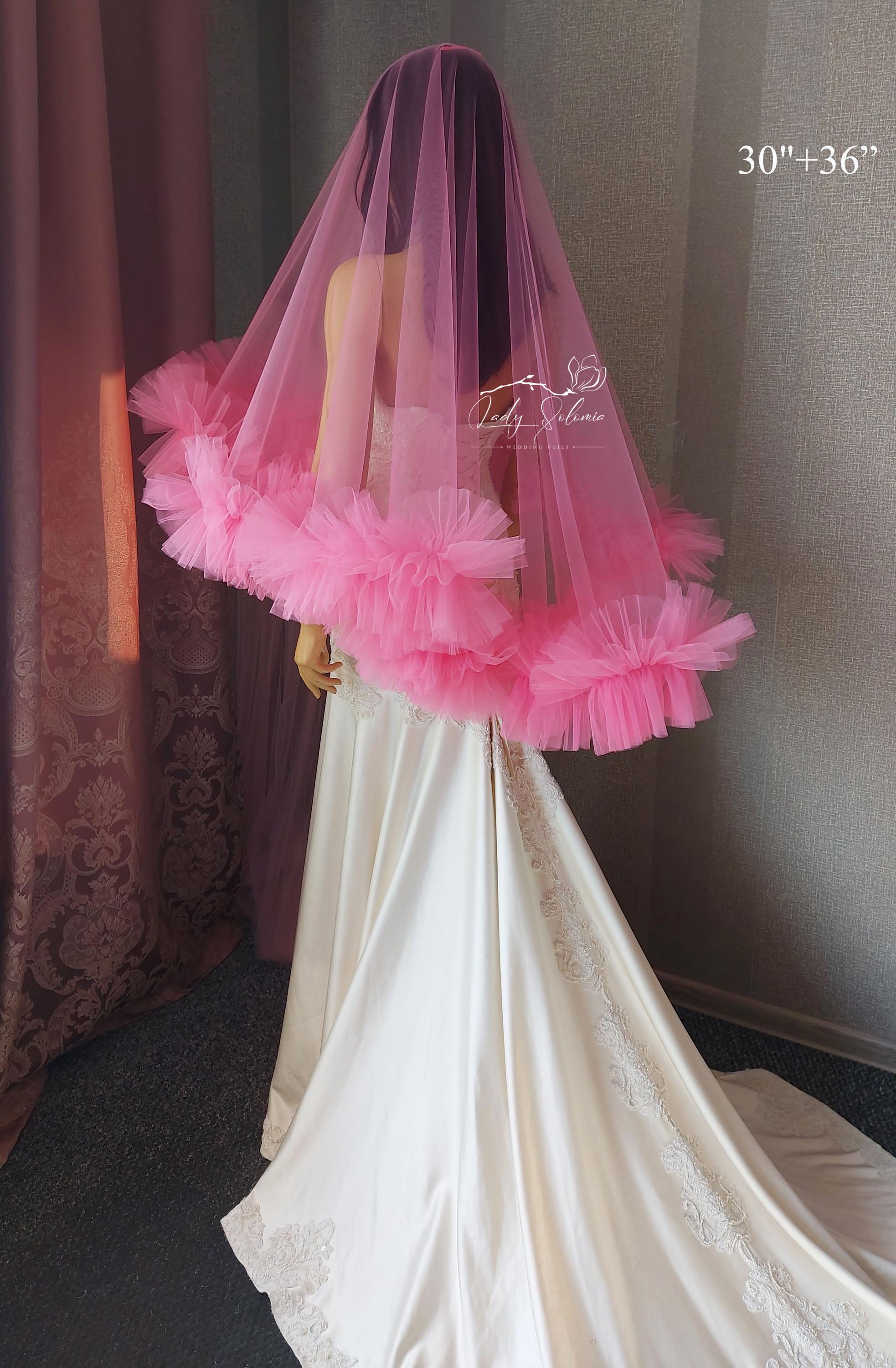 Hot Pink Ruffle Veil Frill Tulle Veil Ruffled Wedding Veil Blusher ...