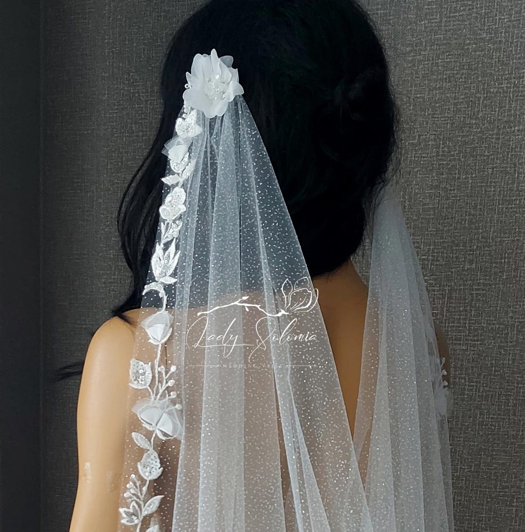 3D Flower Lace Veil Leaves Drape Wedding Veil Floral Lace Veil Sparkle ...