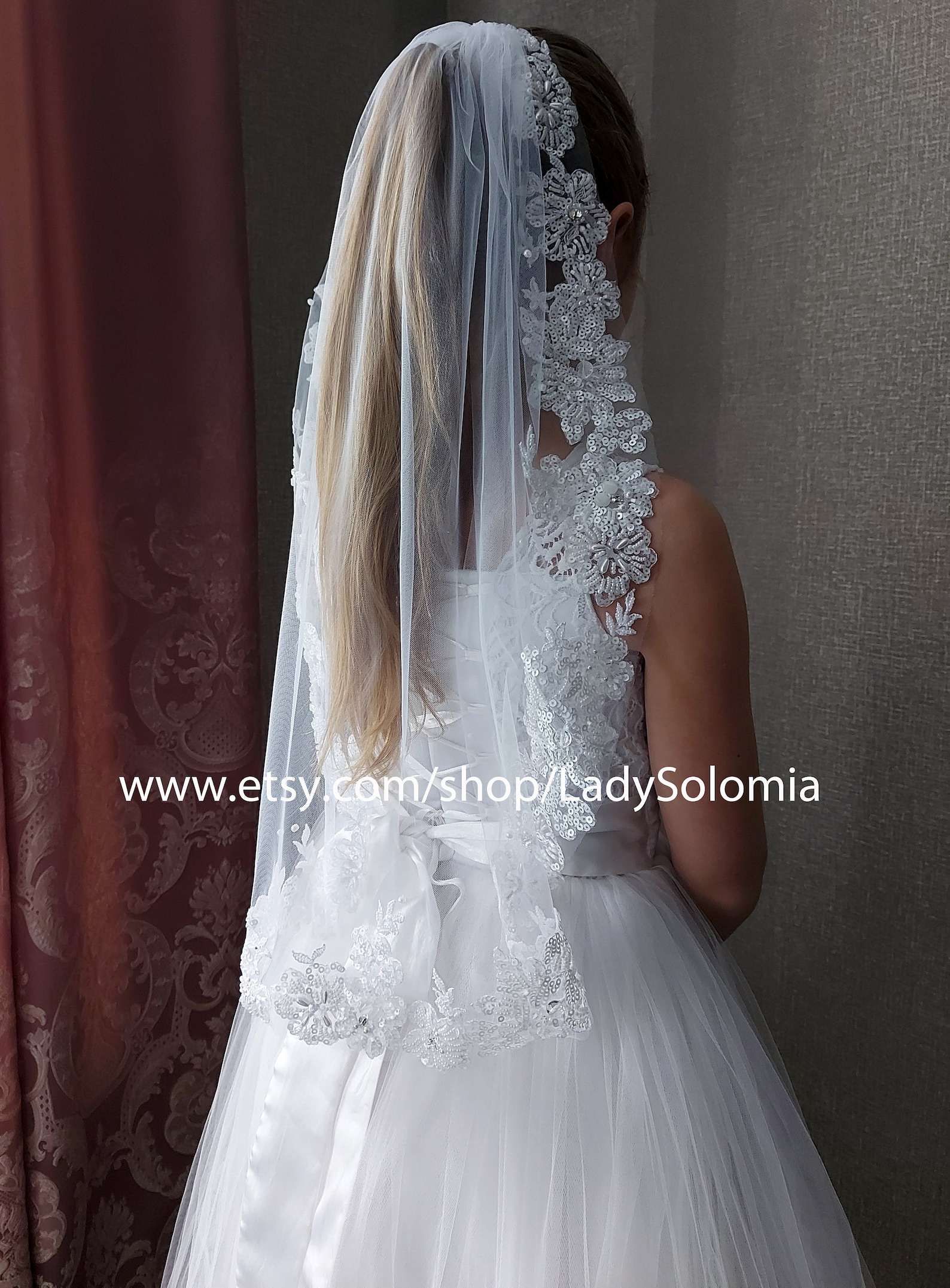 Beaded First Communion Veil, White First Holy Communion Mantilla, White ...