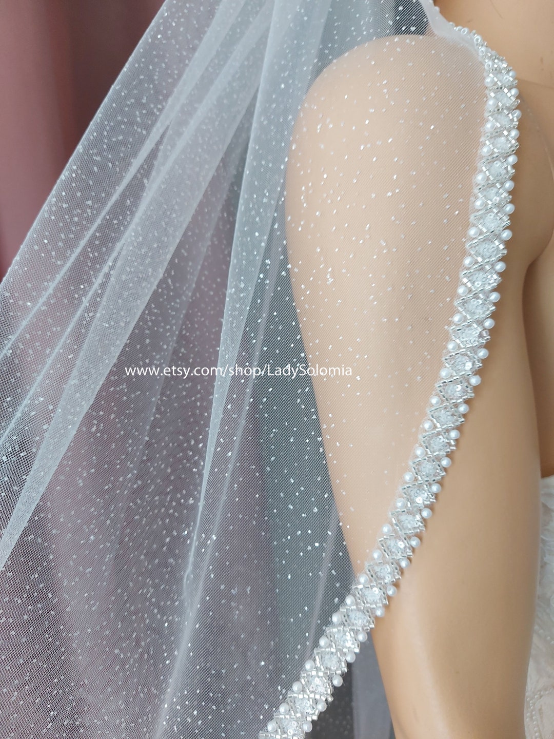 Shimmer Pearls Bridal Veil, Beaded Glitter Wedding Veil Cathedral ...