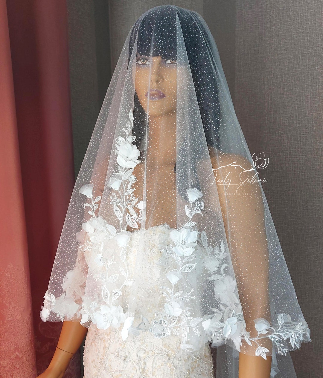 3D Floral Wedding Veil Leaves Wedding Veil Shimmer Blusher Veil 2 Tier ...