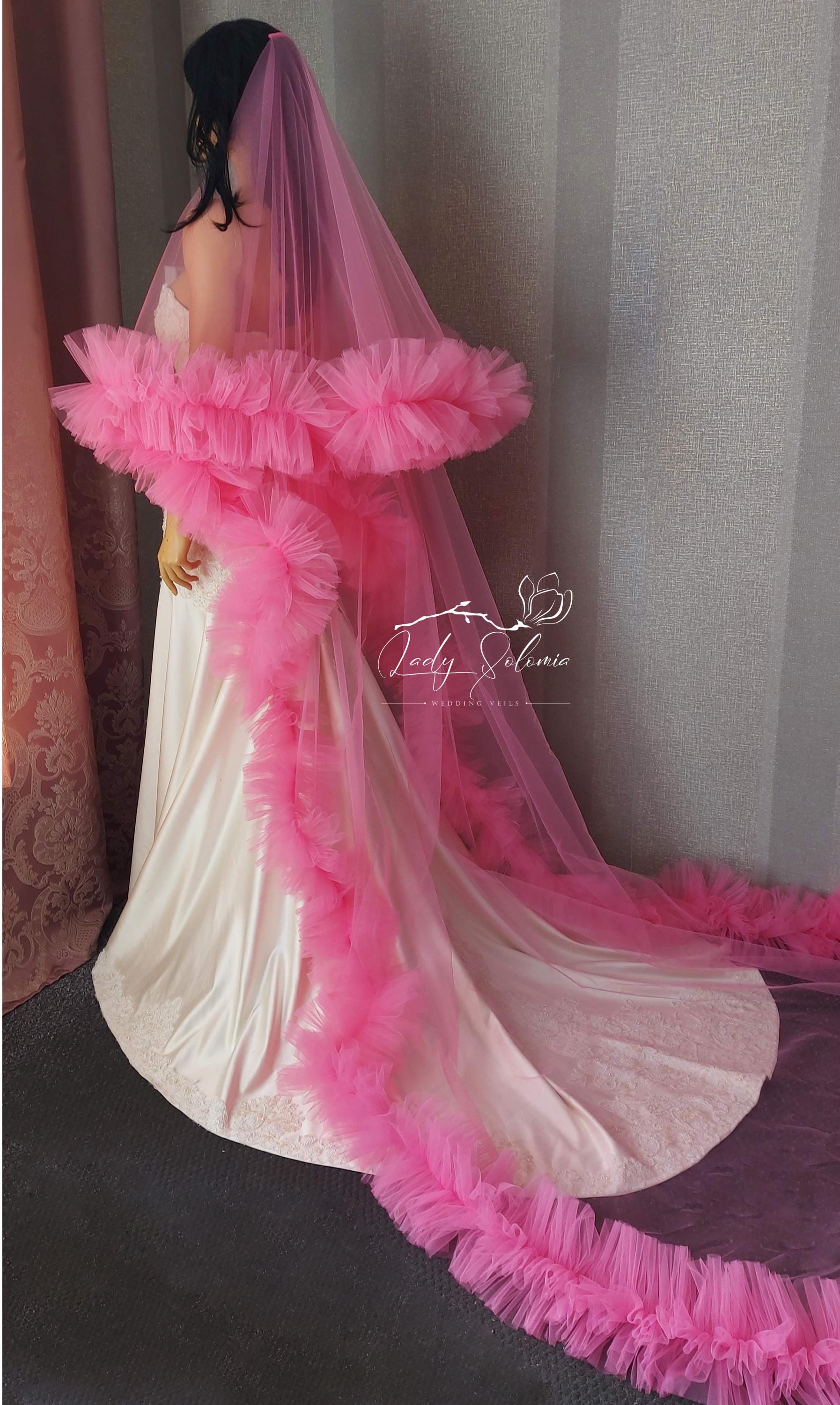 Hot Pink Ruffle Veil Frill Tulle Veil Ruffled Wedding Veil Blusher ...