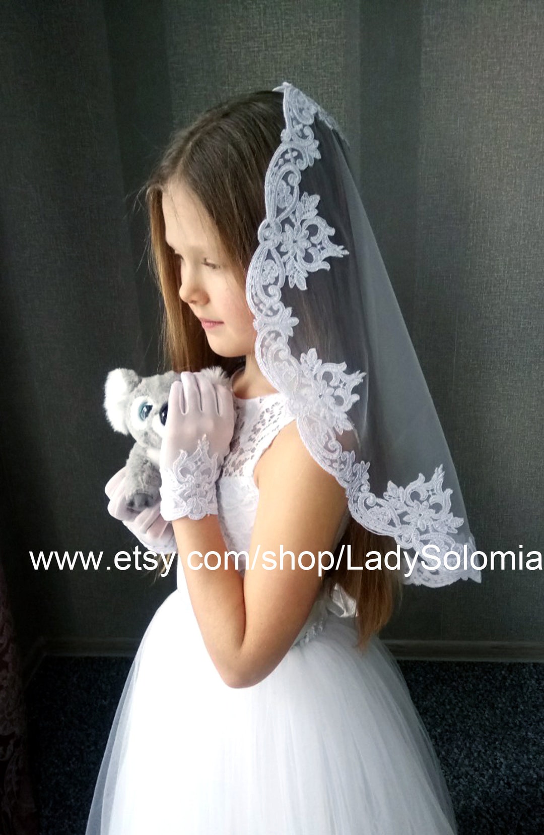 First Communion Veil 3D Lace Gloves, Flower Girl Gloves, White ...