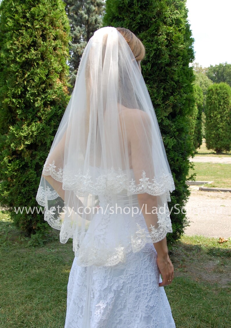 Cathedral Lace Veil Blusher lace veil Ivory Two tiers veil | Etsy