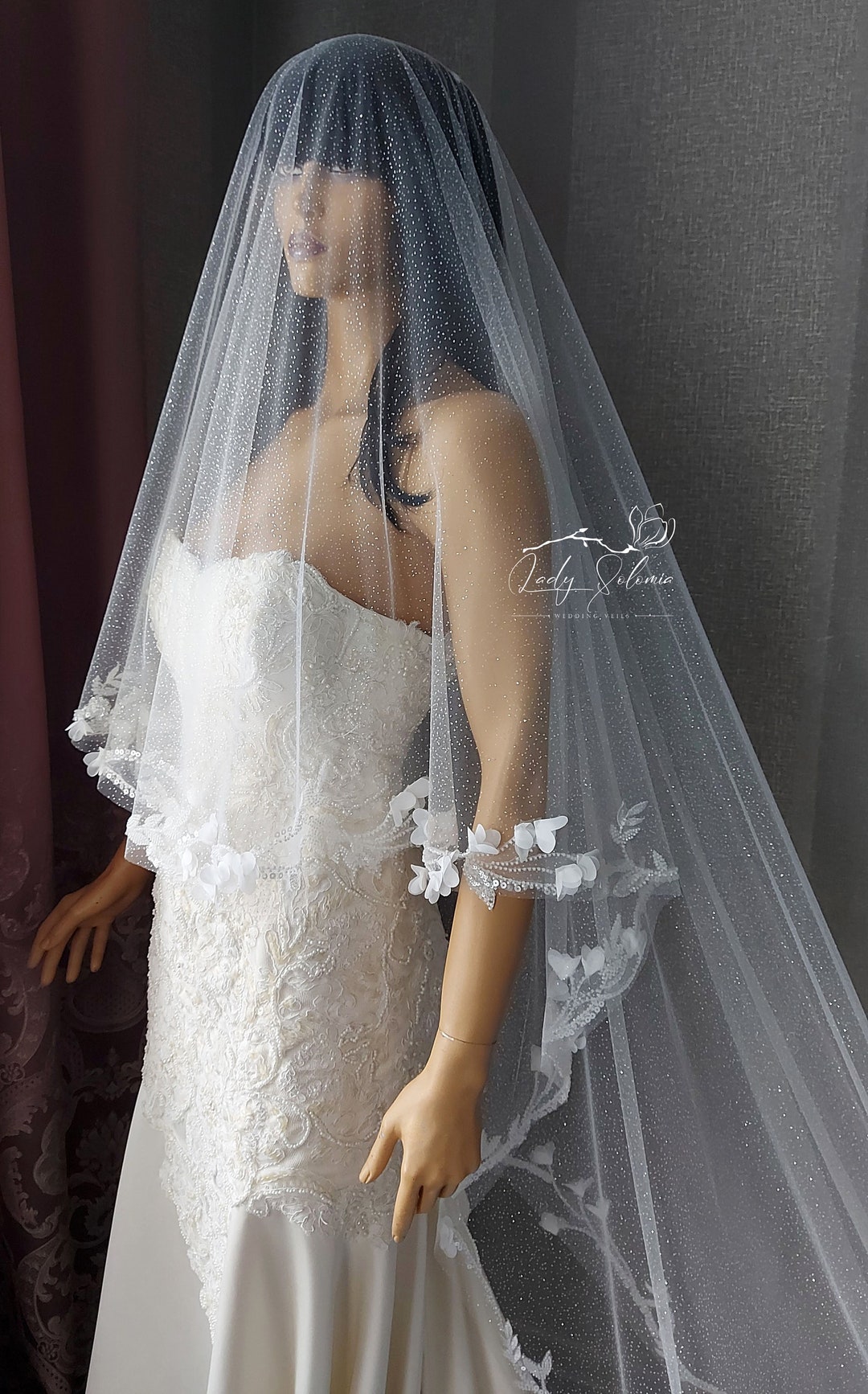 3D Floral Glitter Veil Leaves Wedding Veil Shimmer Blusher Veil 2 Tier ...