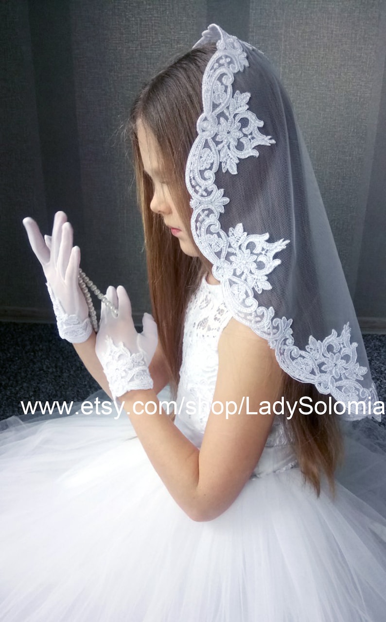 First Communion Veil 3D Lace Gloves Flower Girl Gloves - Etsy