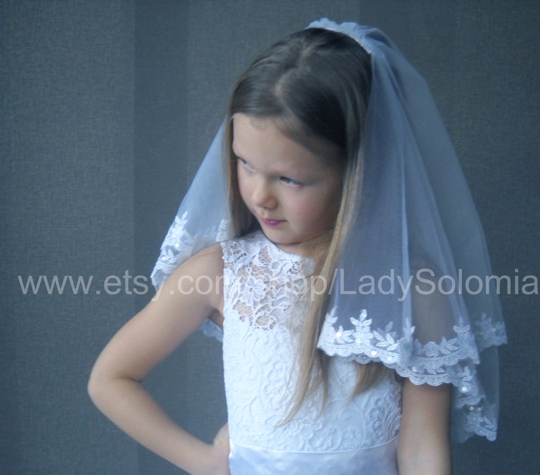 First Communion Veil With Sequins, 2 Tier Communion Veil, Little Girls ...