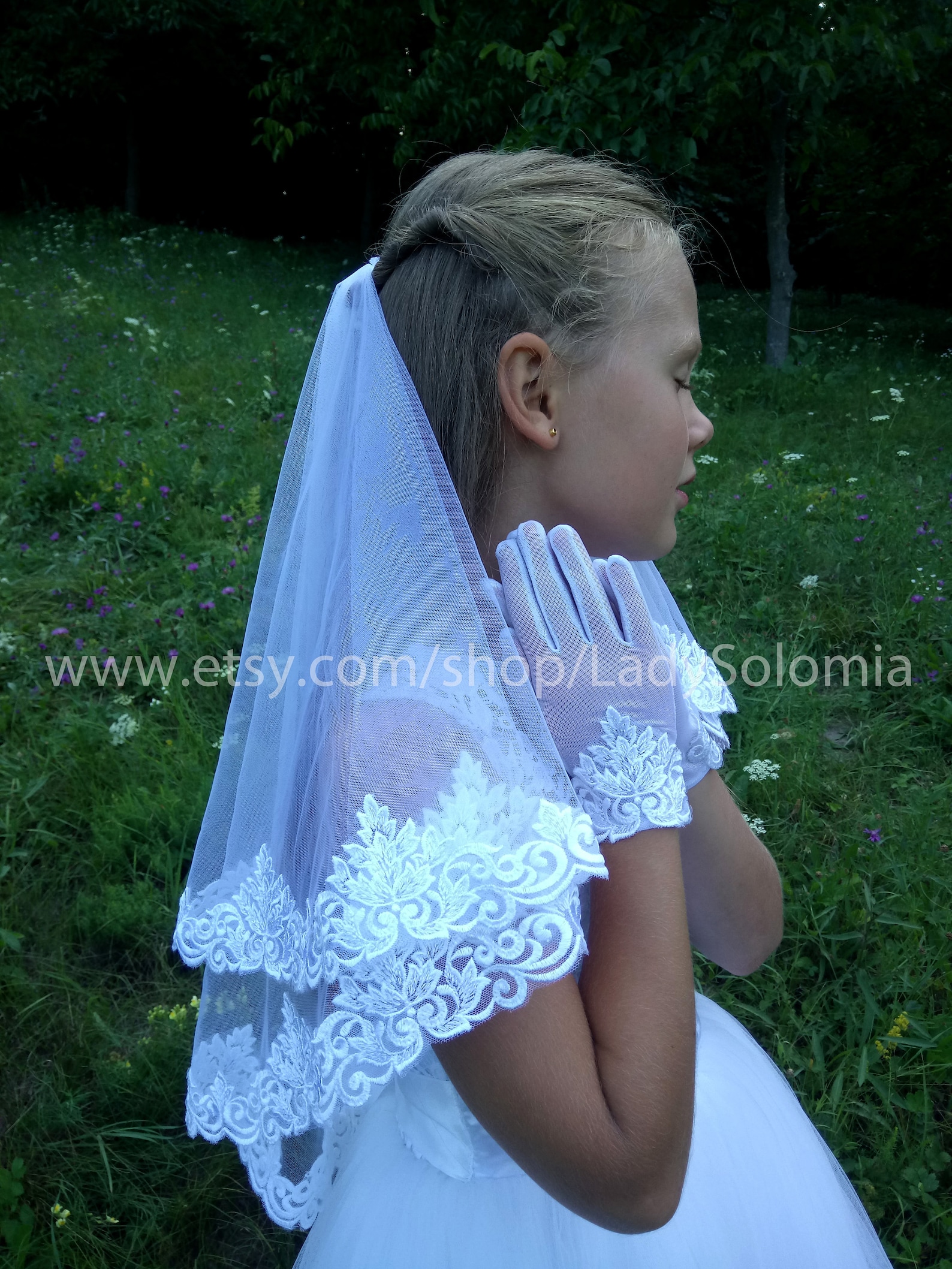 First Communion Veil Gloves Lace Flower Girl Veils Holy - Etsy