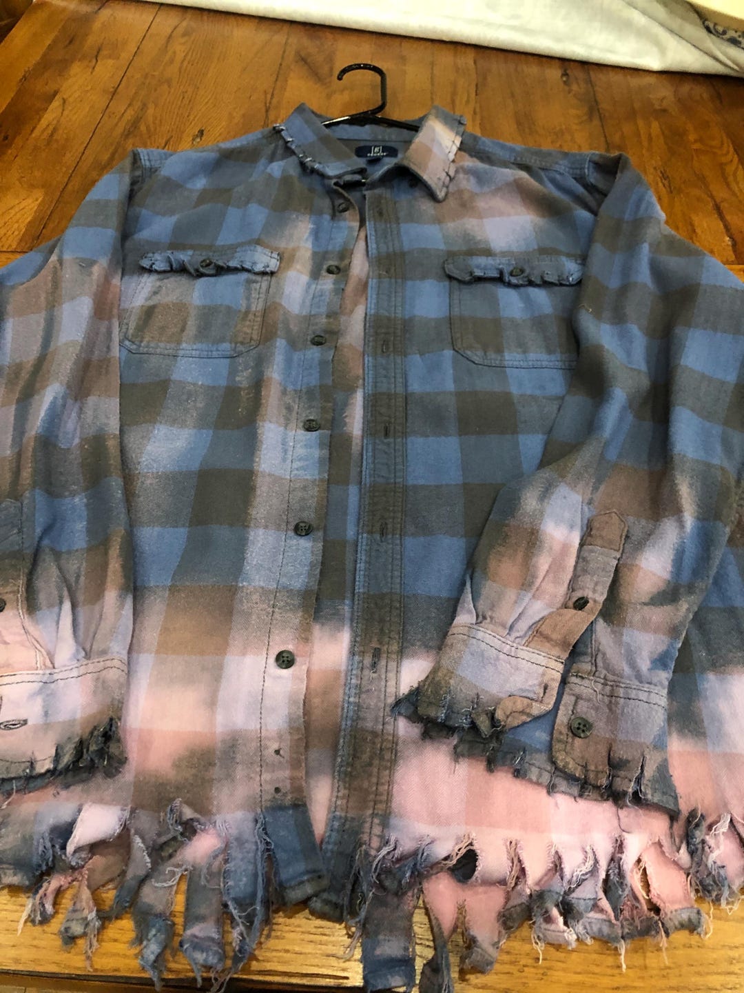 Distressed Bleached Frayed Long Sleeve Flannel Button Front Shirt Size ...