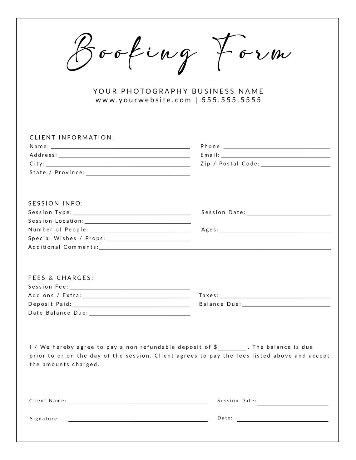 Client Booking Form for Photographers, Photoshop Template for ...