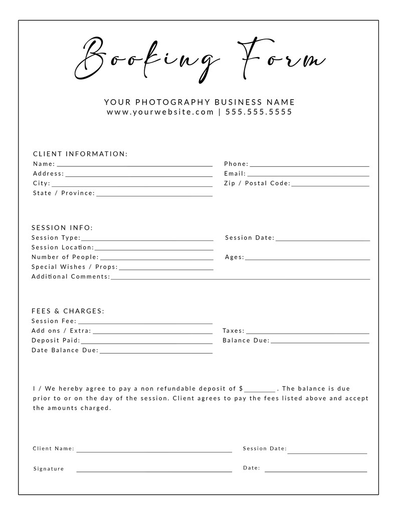 Client Booking Form for Photographers, Photoshop Template for ...
