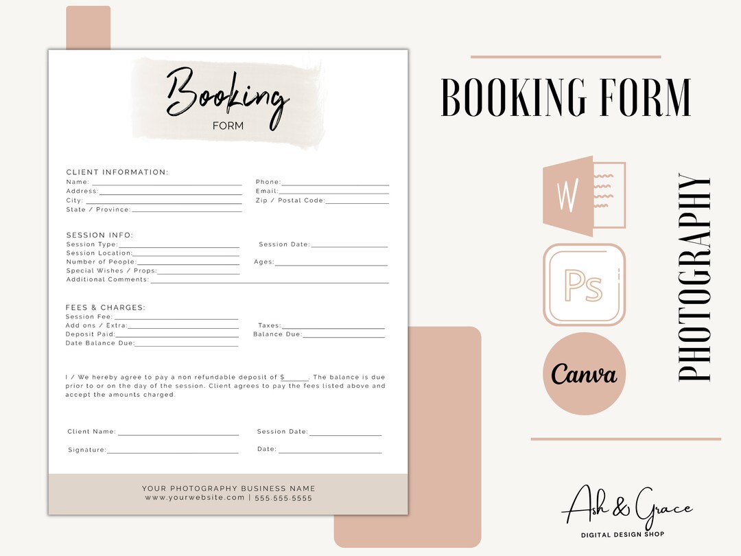 Client Booking Form for Photographers, Photoshop Template for ...