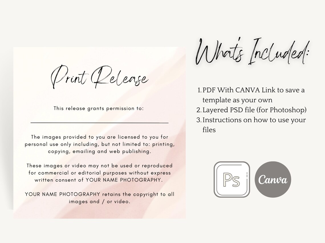 Print Release Template, Print Release for Photographers, Edit in ...